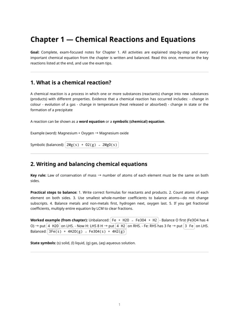 Chapter 1 - Chemical Reactions & Equations (Detailed Notes) | PDF ...
