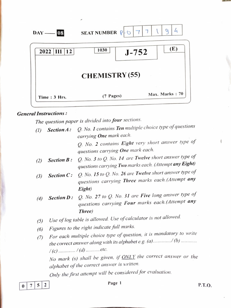 Board Question Papers of Chemistry March 2022 To July 2025 | PDF ...