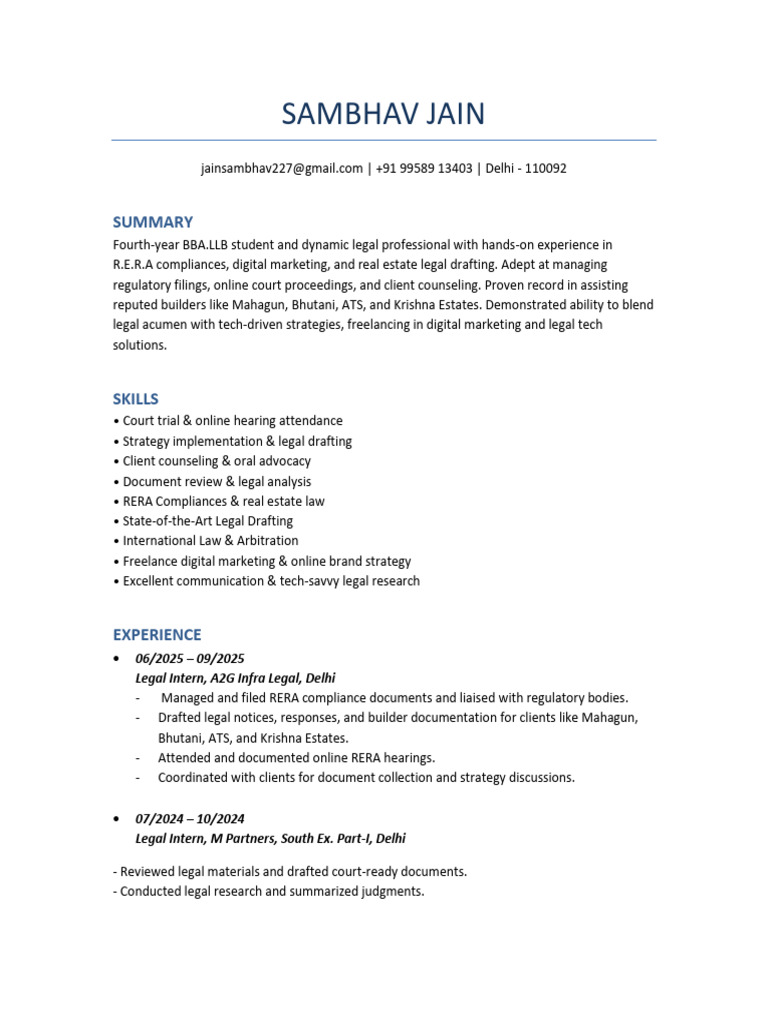 Sambhav Jain Resume 2025 | PDF | Justice | Crime & Violence