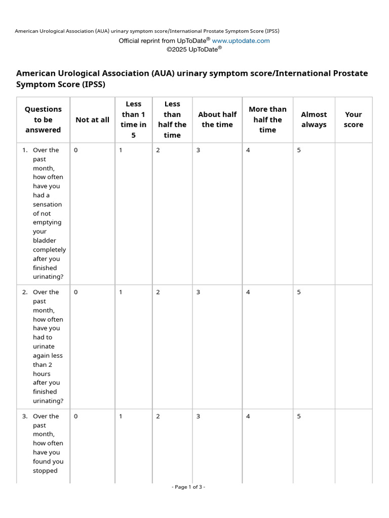 AUA Urinary Symptom Score Guide | PDF | Urinary Incontinence | Urology