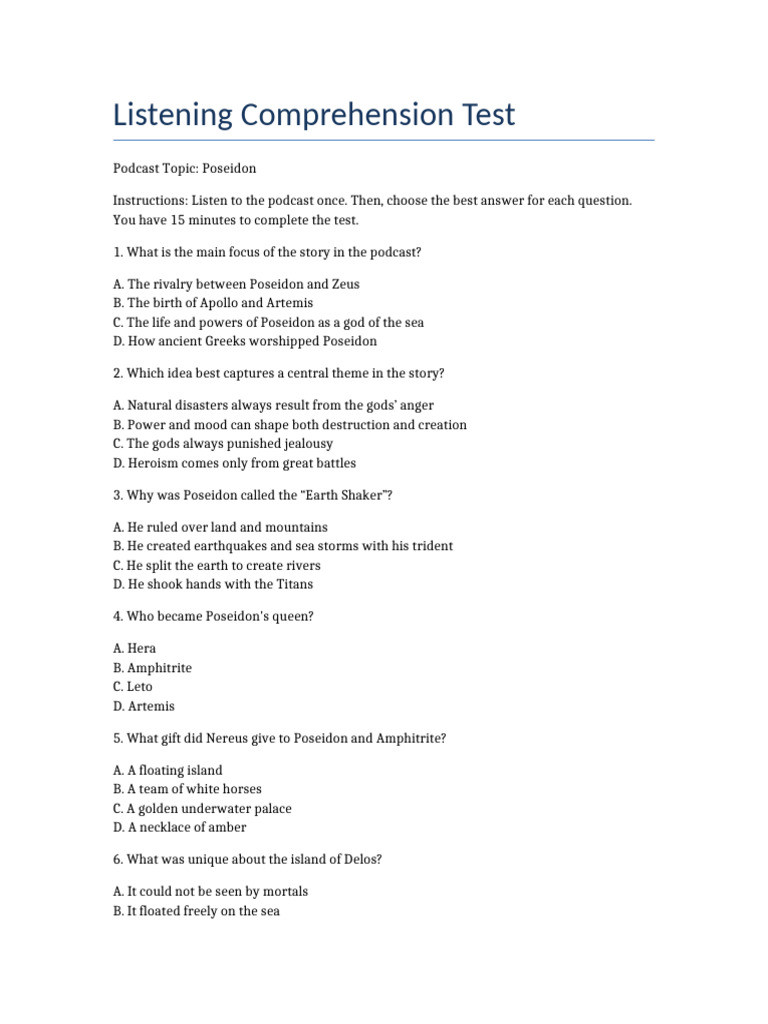 Listening Comprehension Test Poseidon | PDF