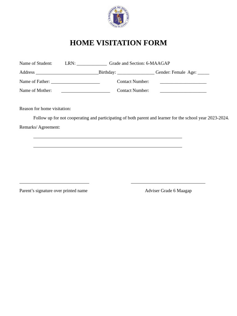 Home Visitation Form for Grade 6 | PDF