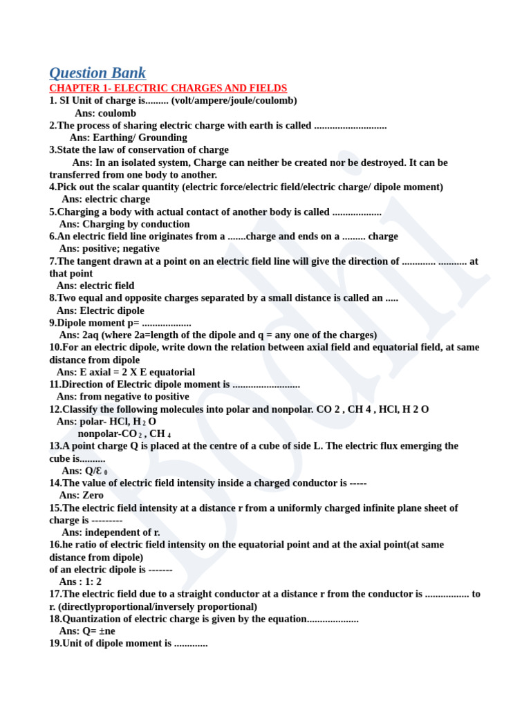 Electric Charges and Fields Question Bank | PDF | Electric Field ...
