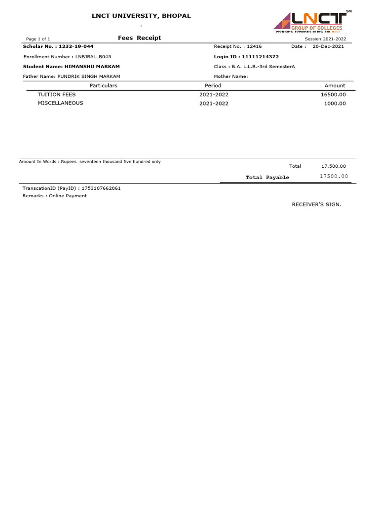 LNCT University, Bhopal: Fees Receipt | PDF