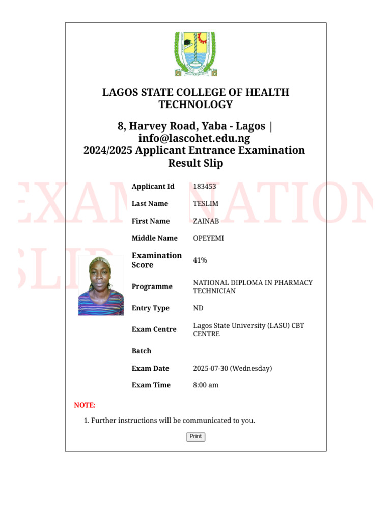 Lagos State College Exam Result Slip | PDF