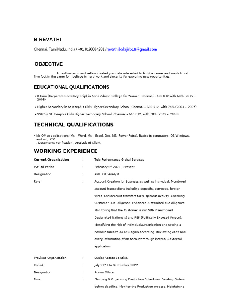 Revathi Resume CTS | PDF | Computing | Business