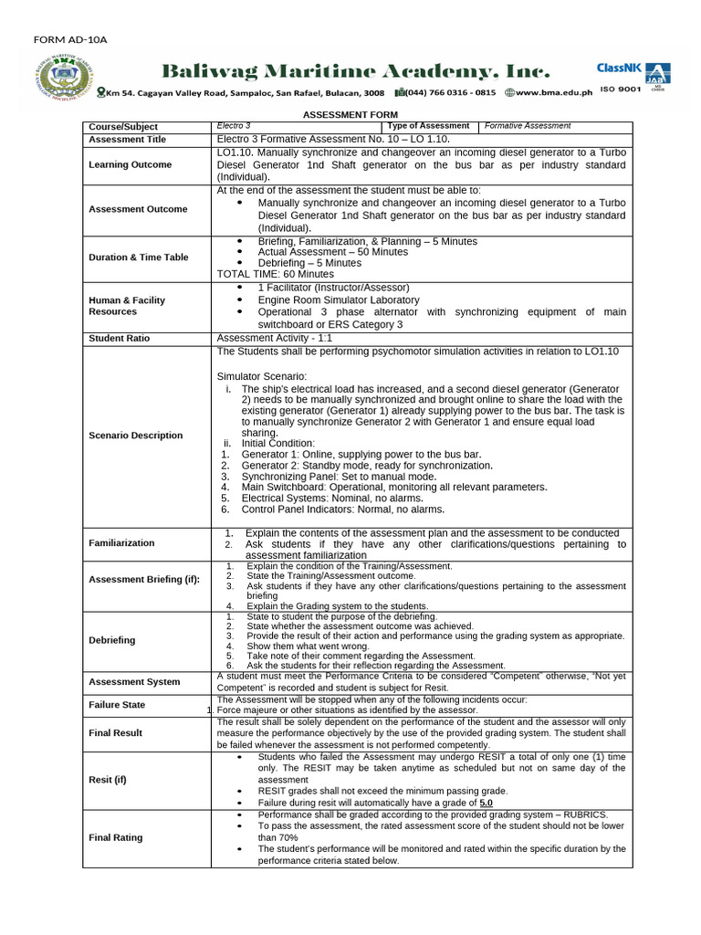 AD 10A Assessment Plan Form Electro 3 LO1.10 | PDF | Electric Generator ...