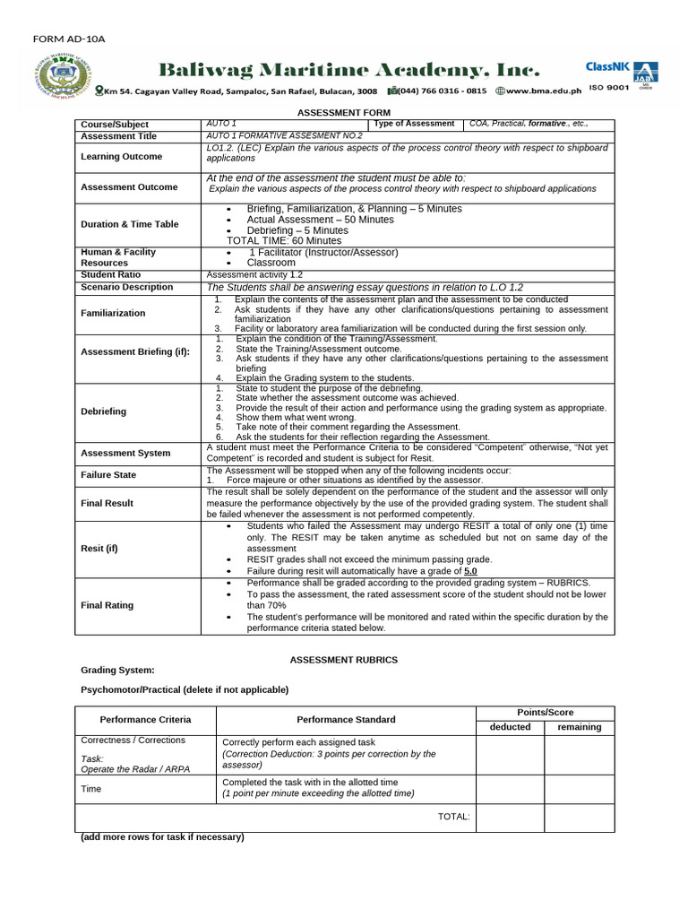 2 AD 10A Assessment Plan Form v2.0 2 L.O 1.2 | PDF | Educational ...