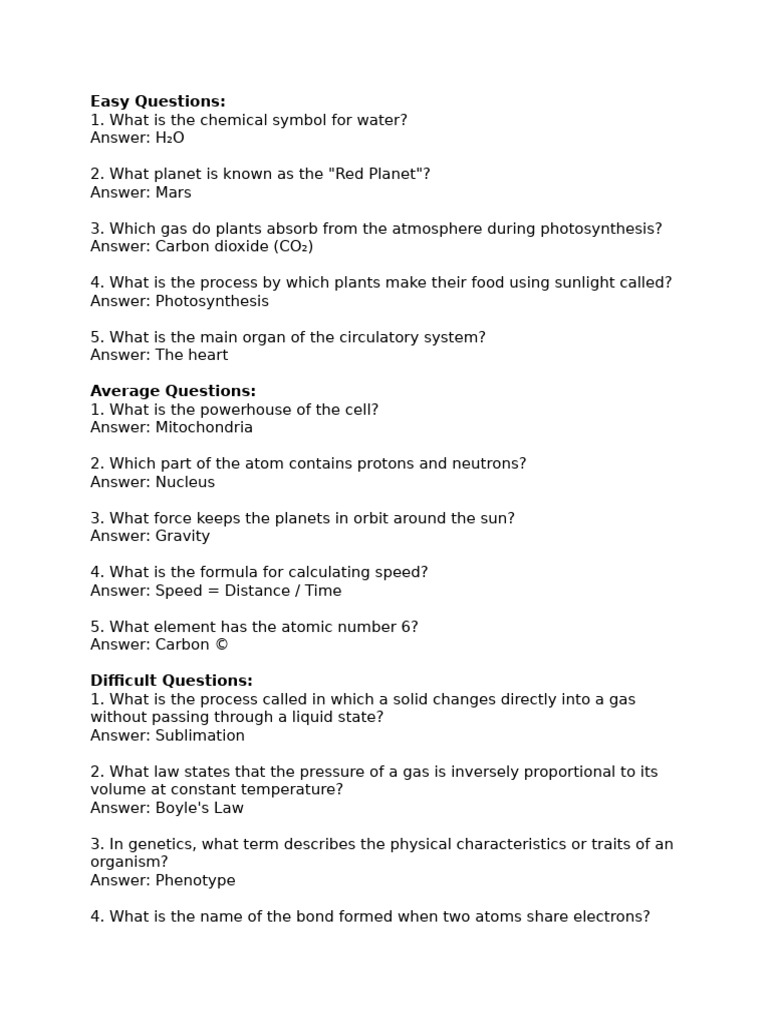 Easy Questions - Quiz Bee | PDF