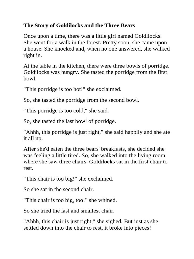 Goldilocks and the Three Bears Summary | PDF