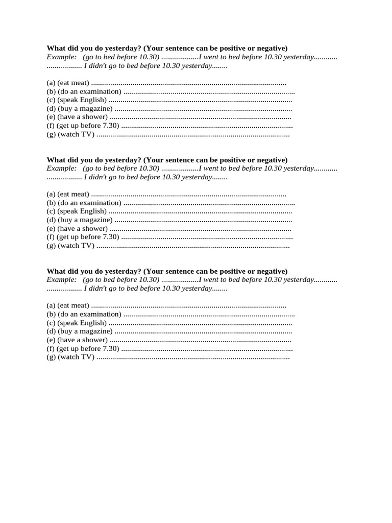 Yesterday's Activities Worksheet | PDF