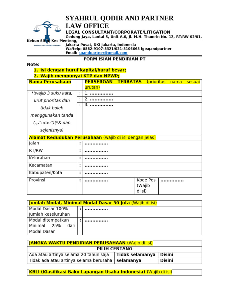 Form Isian Pendirian PT | PDF