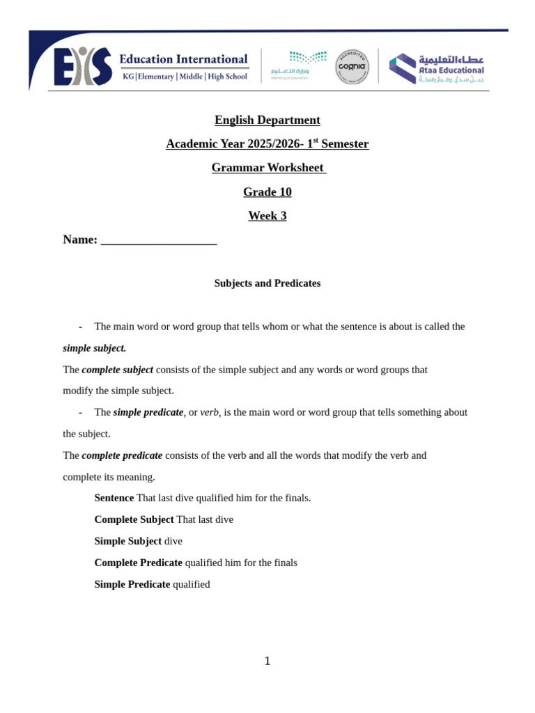 Grammar Sheet Subjects and Predicates Revision | PDF | Subject (Grammar ...