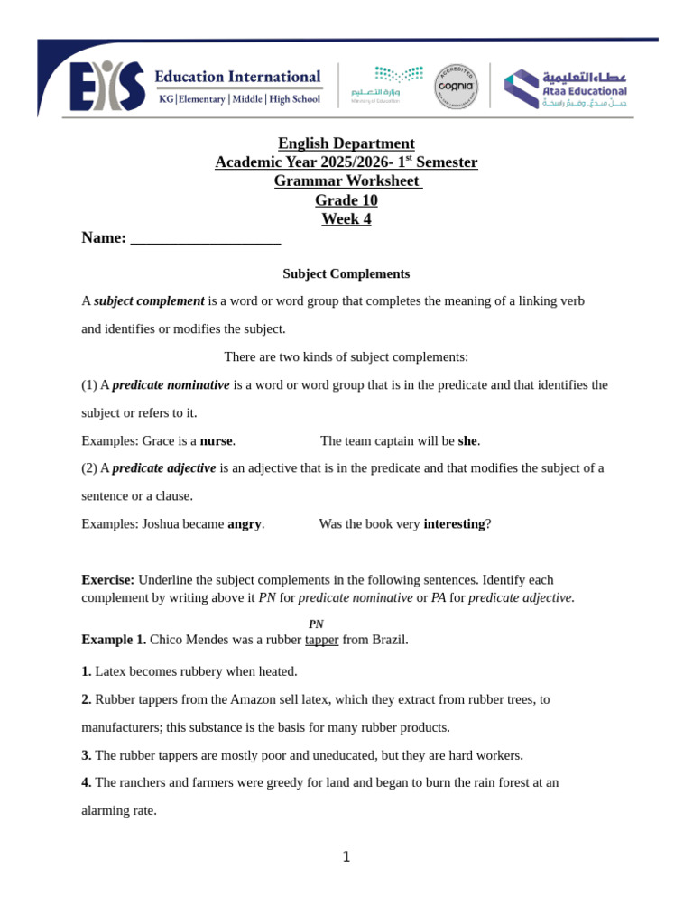 Grammar Sheet Complements Revision | PDF | Subject (Grammar) | Verb