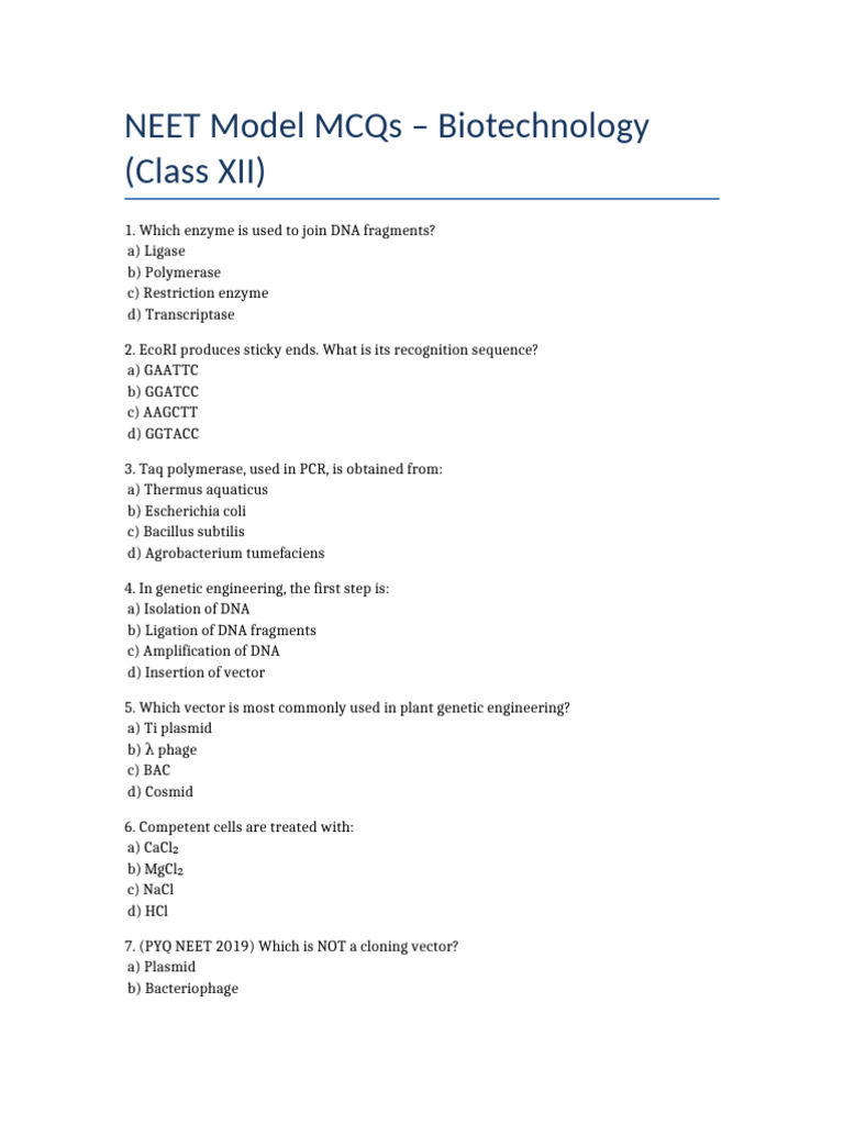 NEET Biotechnology Complete | PDF | Recombinant Dna | Molecular Cloning