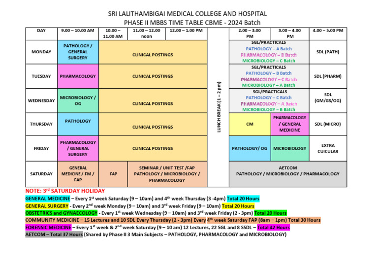 Time Table SLMC Phase II (2024 Batch) | PDF | Medicine | Health Sciences