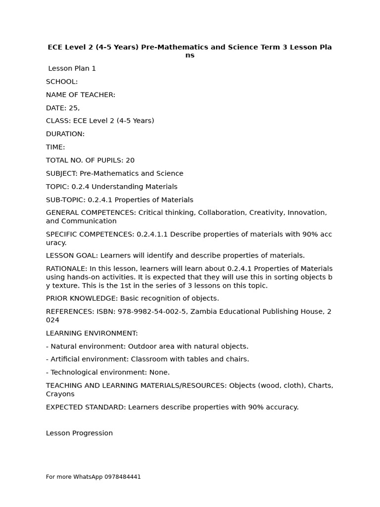 ECE Level 2 (4-5 Years) Pre-Mathematics and Science Term 3 Lesson Plans | PDF | Lesson Plan ...