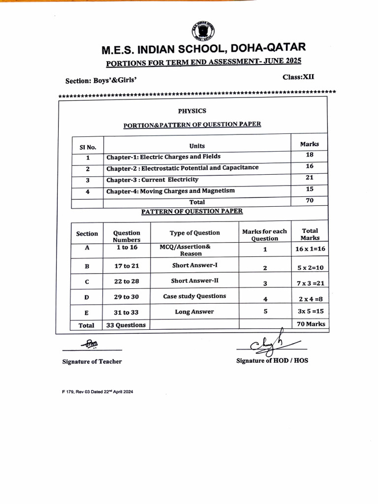 Portions & Question Pattern - Class Xii Physics | PDF