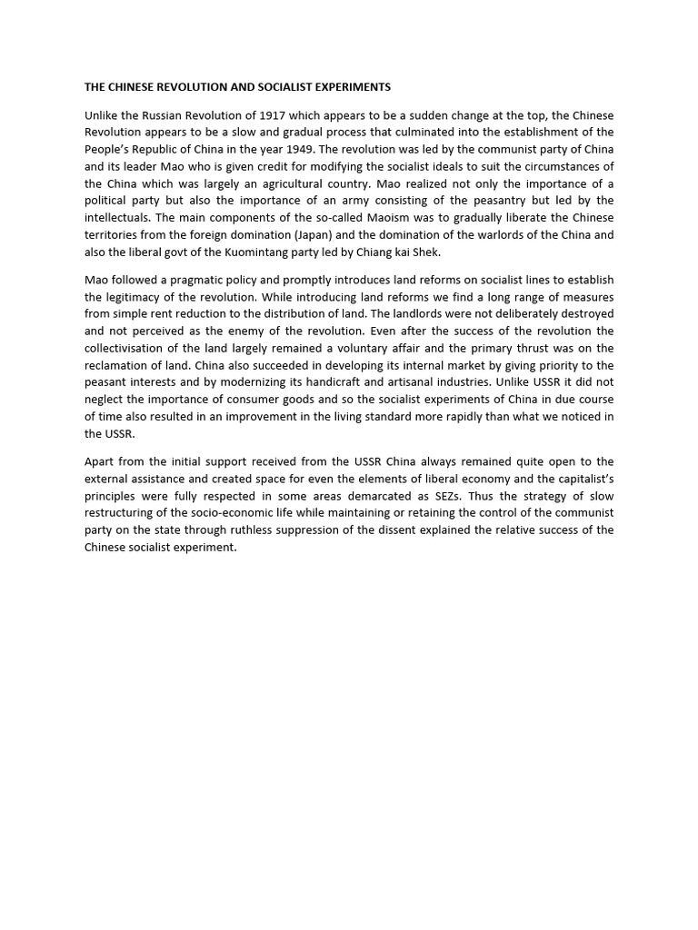 Classroom 1 The Chinese Revolution and Socialist Experiments | PDF