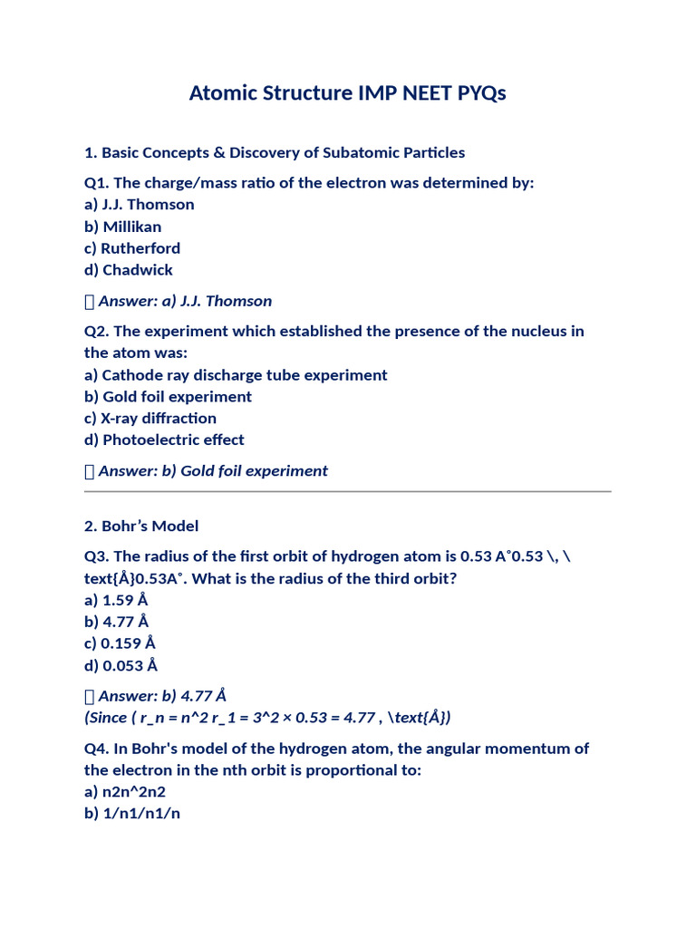 Atomic Structure IMP NEET PYQs | PDF | Atomic Orbital | Electron