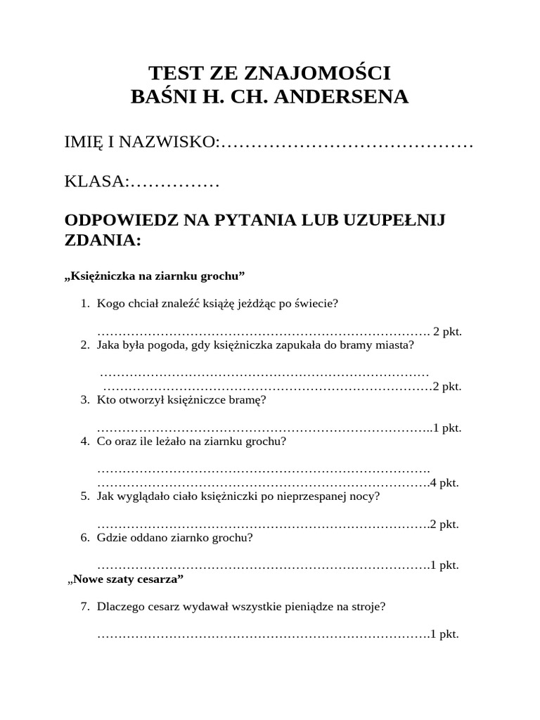Test Ze Znajomości Baśni Andersena | PDF