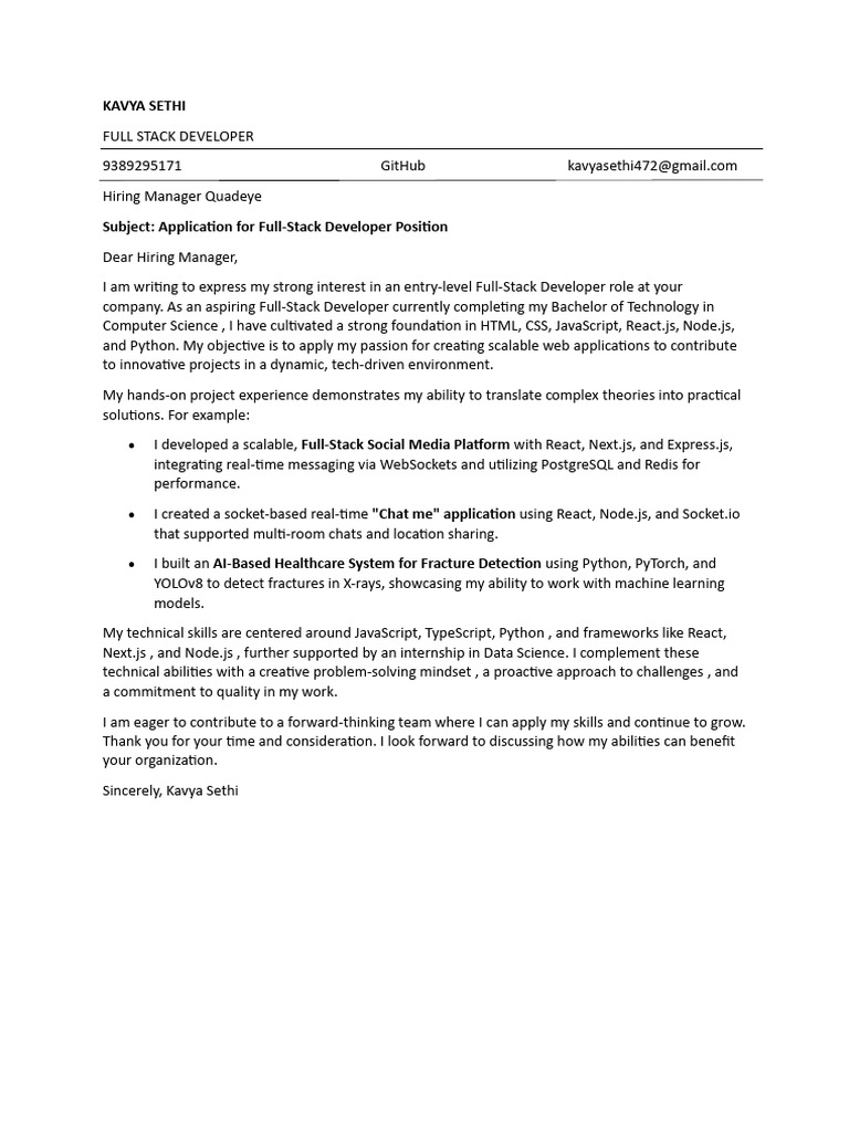 Application for Full-Stack Developer Role | PDF