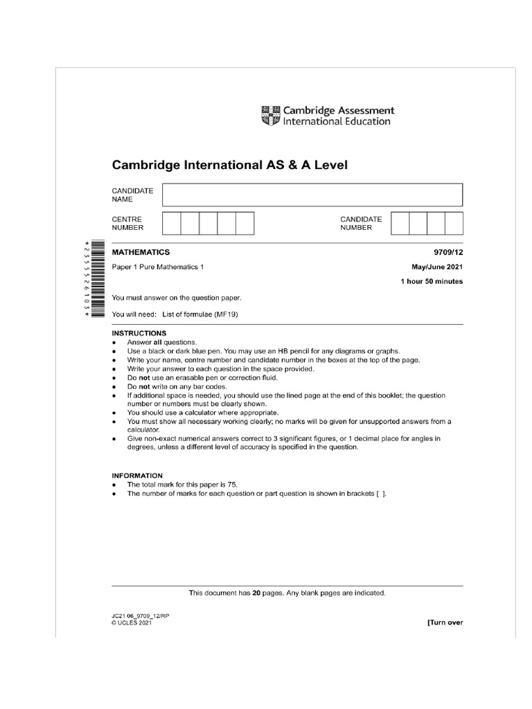 A Level Math June 2021 P12 | PDF