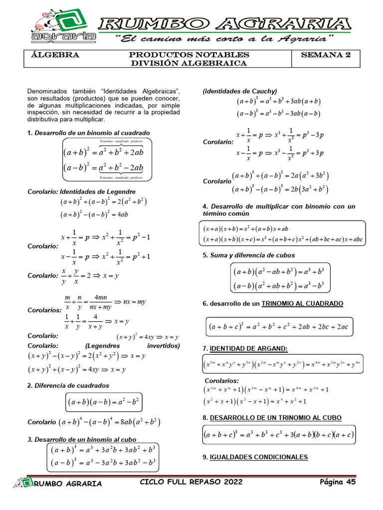 Productos Notables y División Algebraica | PDF | División (Matemáticas ...