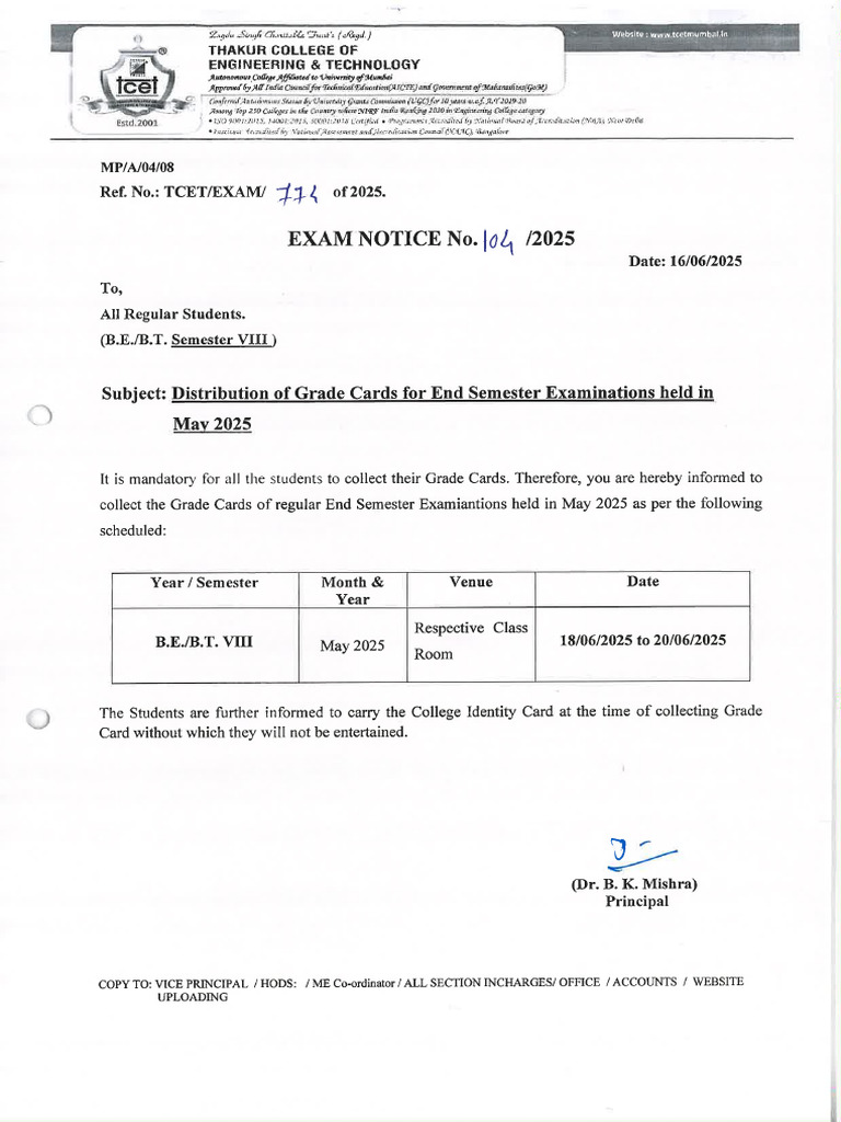 Distribution of Grade Cards For End Semester Examinations Held in All ...