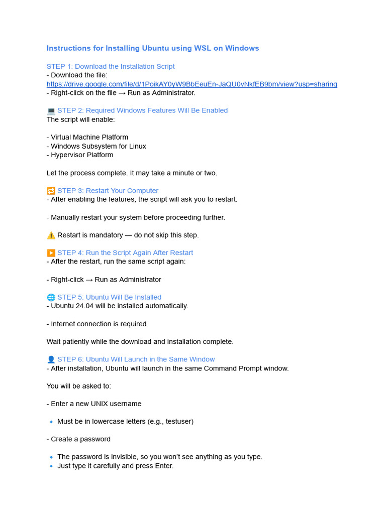 Install Ubuntu 24.04 via WSL Steps | PDF