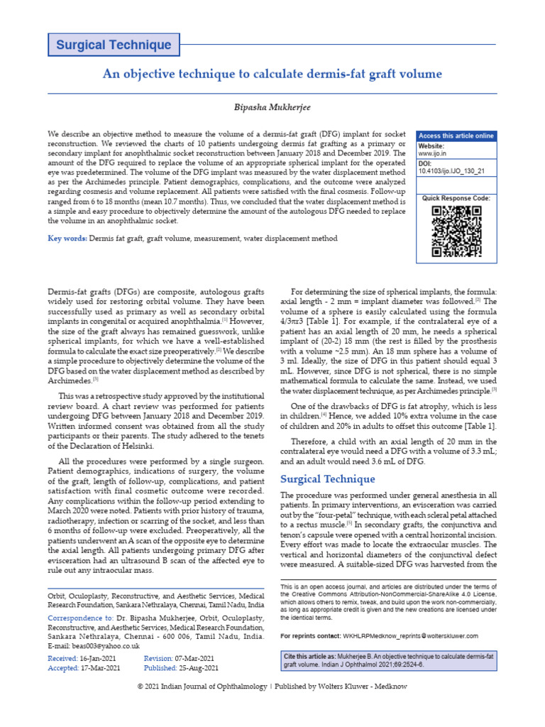 An Objective Technique To Calculate Dermis-Fat Graft Volume | PDF ...