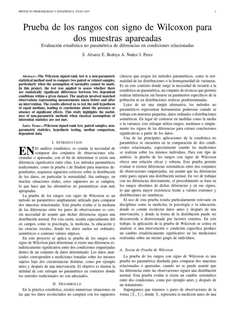 Prueba de Wilcoxon para Muestras Apareadas | PDF | Datos | Prueba T de ...
