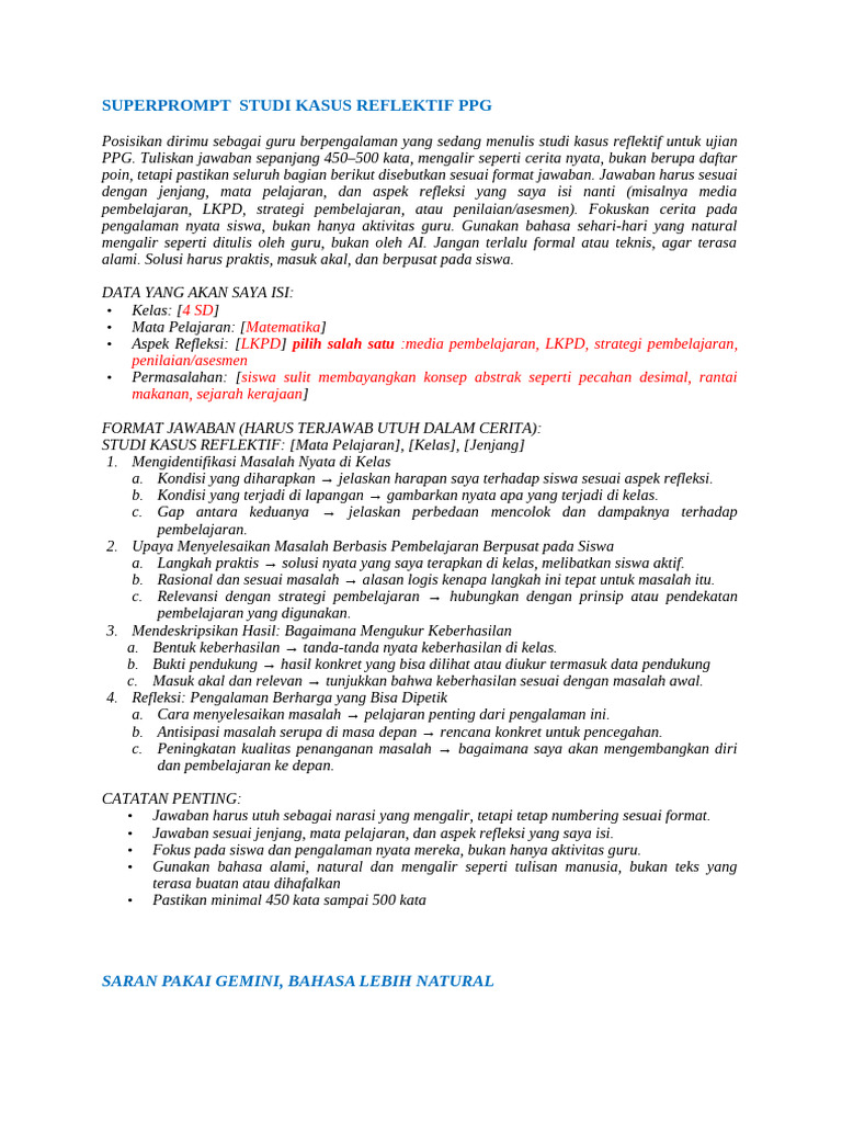 Superprompt Studi Kasus Reflektif PPG | PDF