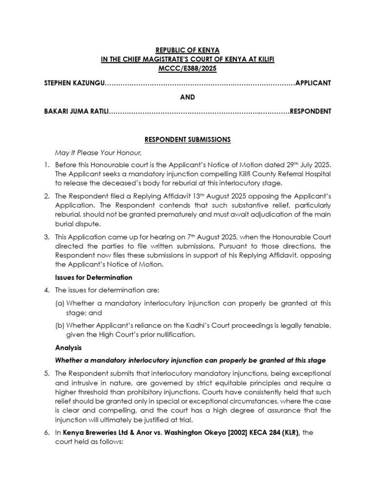 Bakari Juma Ratili Final Submissions | PDF | Injunction | Annulment