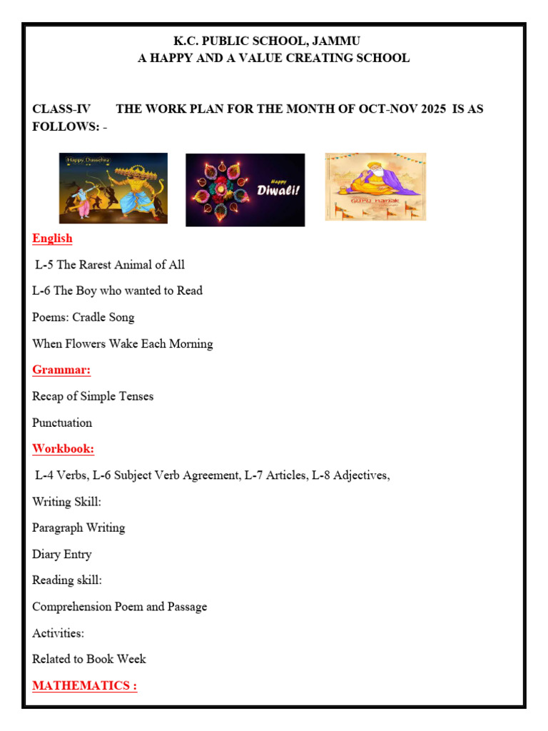 Class IV Work Plan: Oct-Nov 2025 | PDF