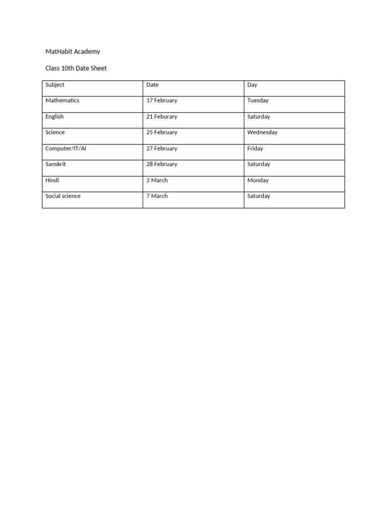 Class 10th Board Exam Time Table 2026 | PDF