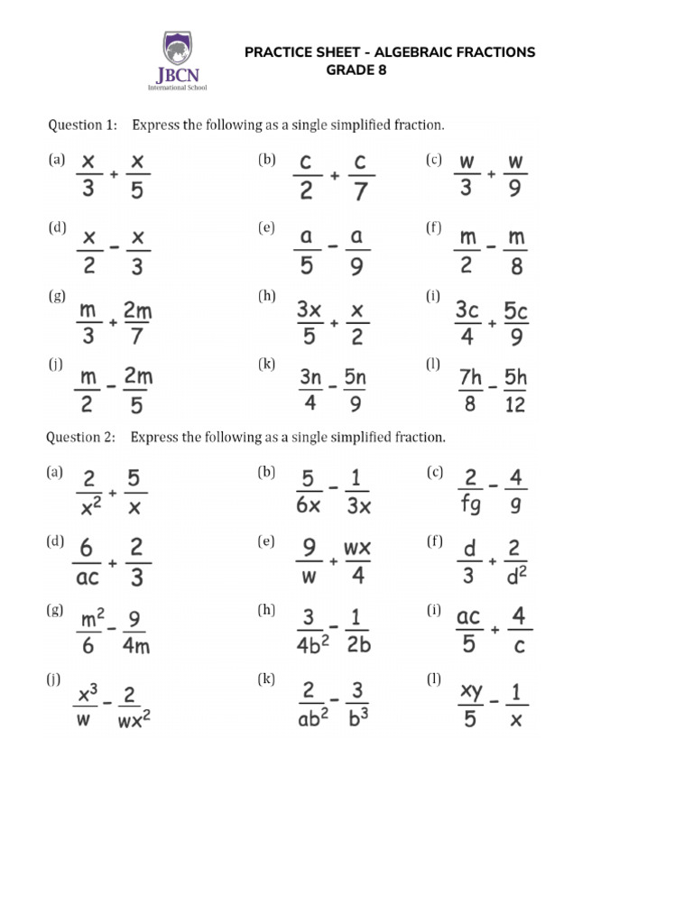 Practice Sheet - Algebraic Fractions Grade 8 | PDF