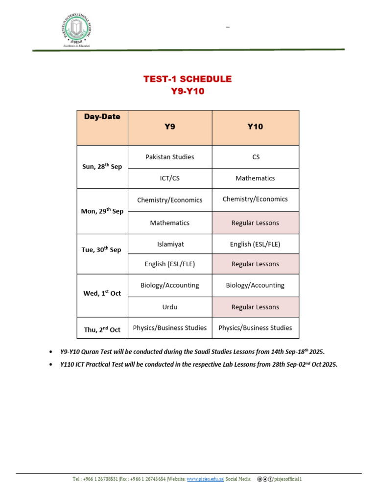 Y9-Y10 Test Week Schedule & Lesson Time 350183927 | PDF