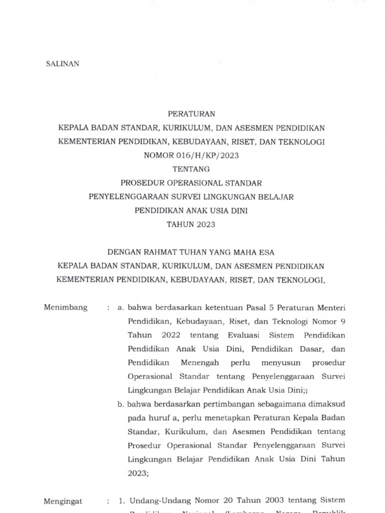 Pos Penyelenggaraa Paud 2023 Per Ka Bskap No 16 Tahun 2023 | PDF