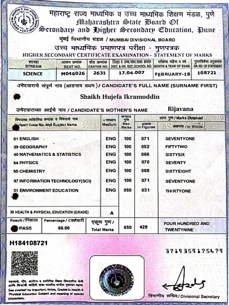 Mumbai Secondary Exam Marks Statement | PDF