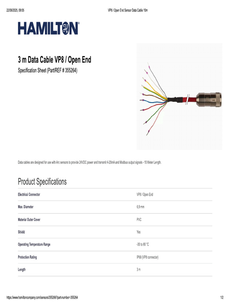 VP8 - Open End Sensor Data Cable 3MTS | PDF