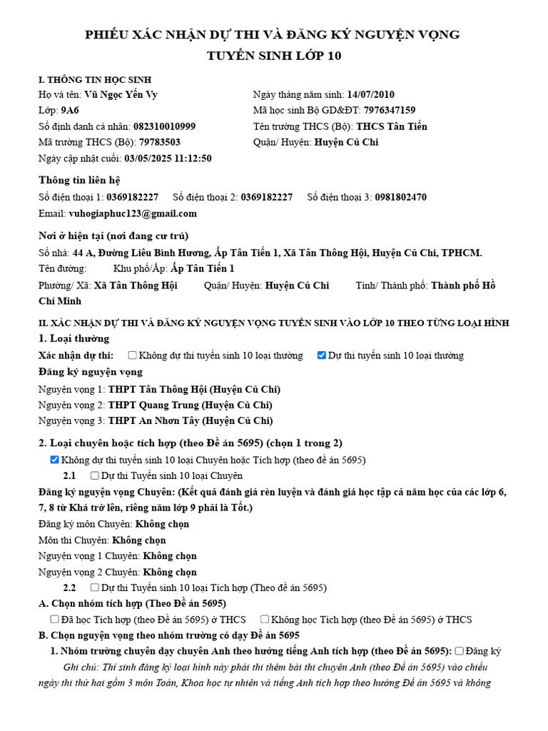 Phieu Dang Ky VuNgocYenVy 2 | PDF
