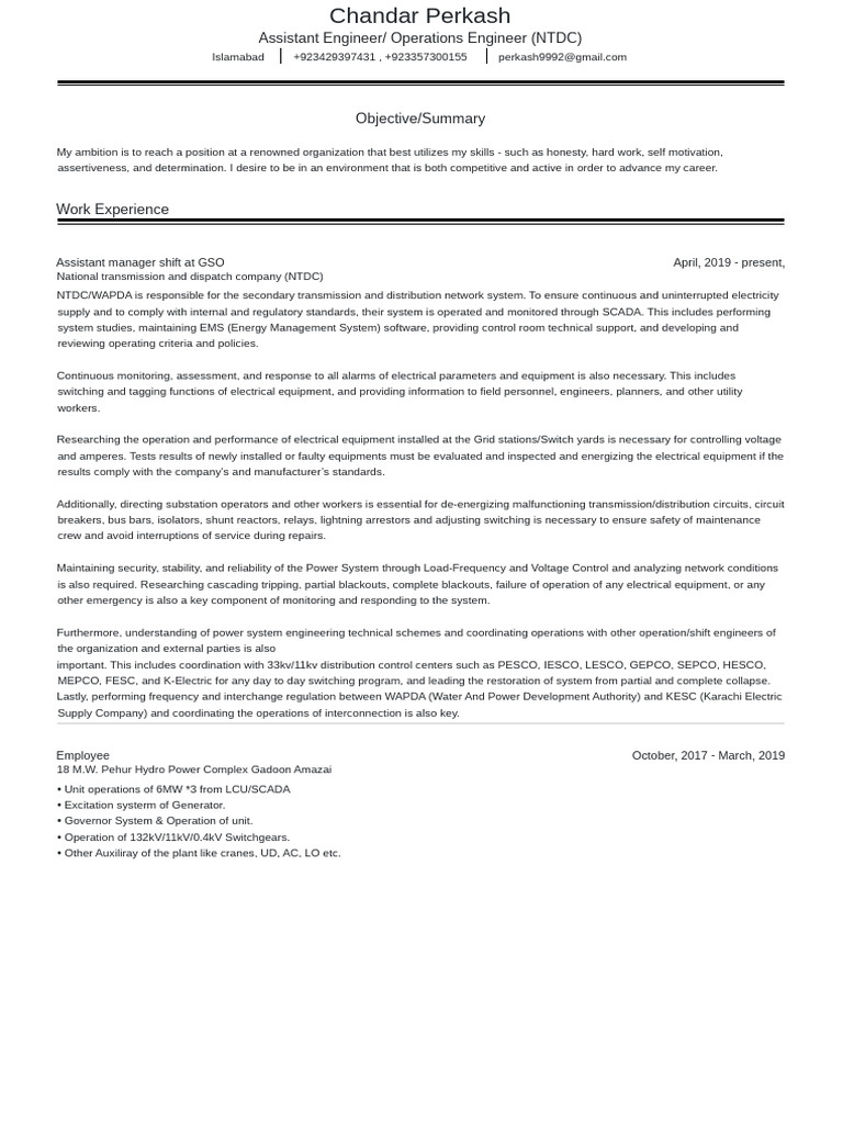 Chandar Perkash Assistant Engineer/ Operations Engineer (NTDC) | PDF ...