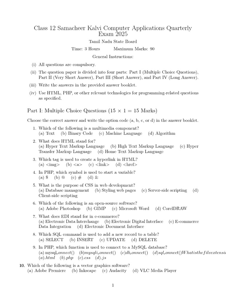 Class 12 Computer Applications Exam 2025 | PDF | Html | Php