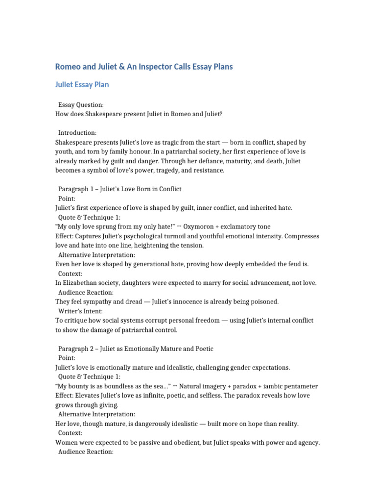 Romeo and Juliet and Inspector Calls Essay Plans | PDF | Romeo And ...