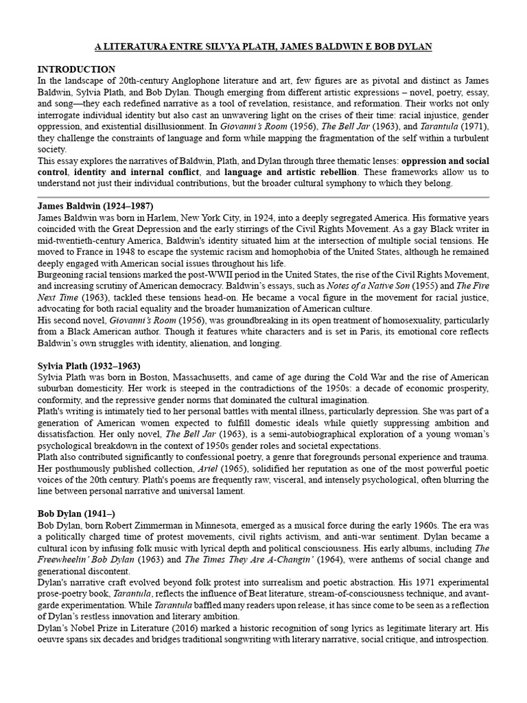 A Literatura Entre Silvya Plath, James Baldwin e Bob Dylan | PDF ...