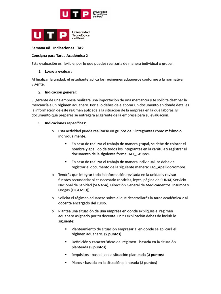 ? (AC-S08) Semana 08 - Tarea Académica 2 (TA2) - TRIBUTACION ADUANERA | PDF