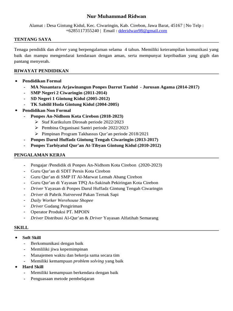 CV. Nur Muhammad Ridwan | PDF
