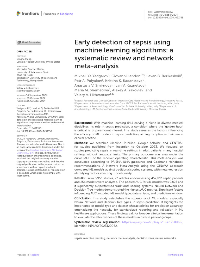Early Detection of Sepsis Using Machine Learning A | PDF | Meta ...