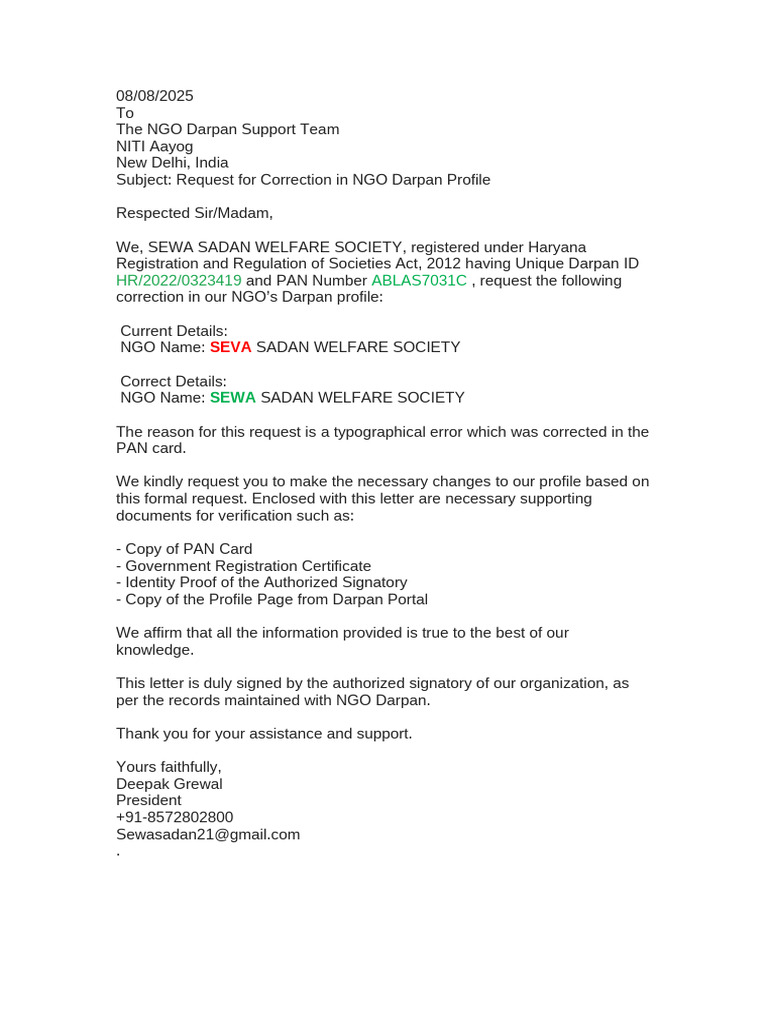 Letter For NGO Darpan | PDF